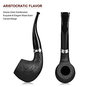 Joyoldelf Smoking Pipe, Bent Wooden Tobacco Pipe with Gift Box, Oak Tobacco Pipes for Smoking with Foldable & Stainless Steel Tobacco Pipe Stand, 9mm Pipe Filter and Smoking Accessories