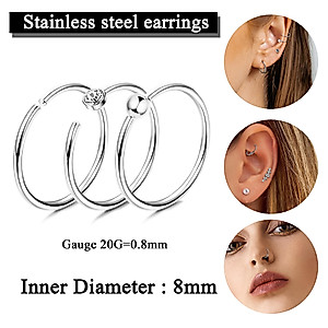 THUNARAZ 20G Stainless Steel Stud Earrings for Women Multipack Cartilage Earrings Star Moon Heart Opal Ball Tiny CZ Flat Back Earrings Hoops Tragus Daith Helix Earrings Piercing Jewelry, Metal, Cubic
