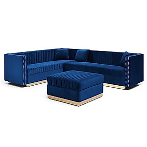 EMKK Modular Sectional Couch L Shaped Sofa with Ottoman,4 Pillows,Vertical Channel Tufted Velvet Sofá w/Wide Chaises,Upholstered Corner Sofa&Couch for Living Room Apartment, E-Blue
