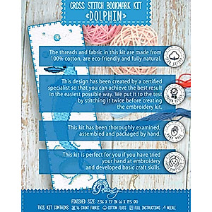 Dolphin Counted Cross Stitch Bookmark Kit for Adults - DIY Embroidery Book Marker Set with Paper Pattern, 16 Count Aida Canvas and Pre-Sorted Floss