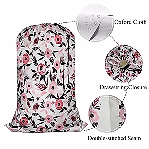 Swono Watercolor Sketch Poppy Large Laundry Bag Washable Large Dirty Clothes, Leaf Repeating Pattern Drawstring Organizer Bag, Fit Hamper Basket Camp Travel Home Dorm, Pink Black
