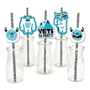 Big Dot of Happiness Yeti to Party - Paper Straw Decor - Abominable Snowman Party or Birthday Party Striped Decorative Straws - Set of 24