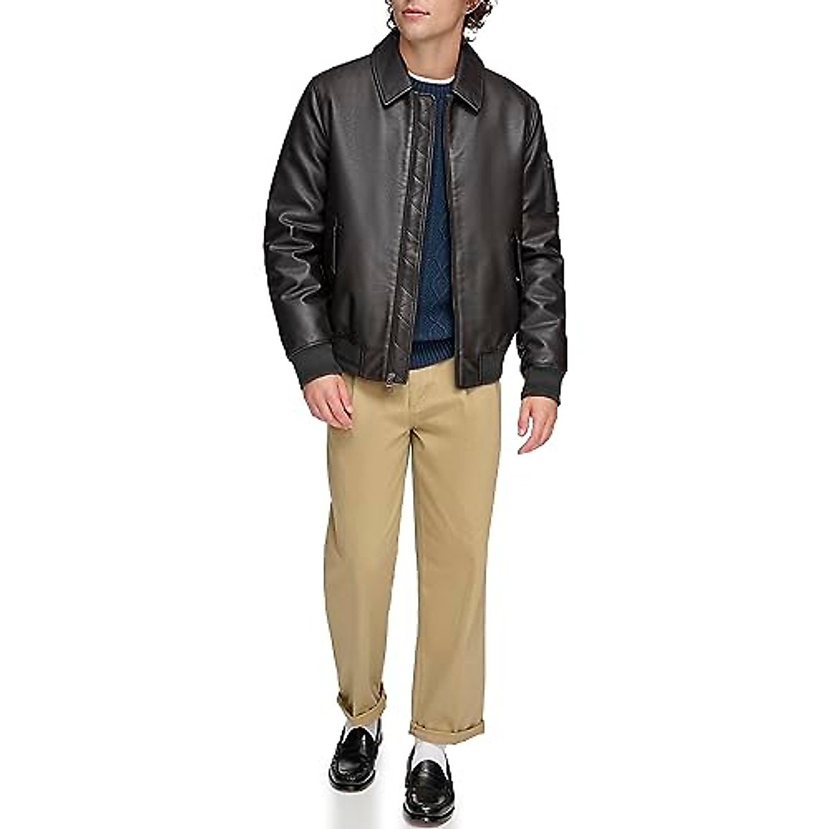 Tommy Hilfiger Men's Smooth Lamb Touch Faux Leather Unfilled Bomber, Dark Brown Laydown Collar, Large