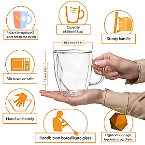 Double Wall Glass Coffee Mugs 16 oz - Large Clear Set of 2 - Patent Pending Geometric Modern Novelty Design - Insulated & Double Walled Glass Coffee Mugs. Ideal for Latte & Cappuccino