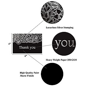 120 Elegant Thank You Cards in Black with Matching Black Envelopes and Sealing Stickers - Thick Quality Cardstock 6 Designs Bulk Notes Embossed with Silver Foil Letters, 4x6 Inches Folded