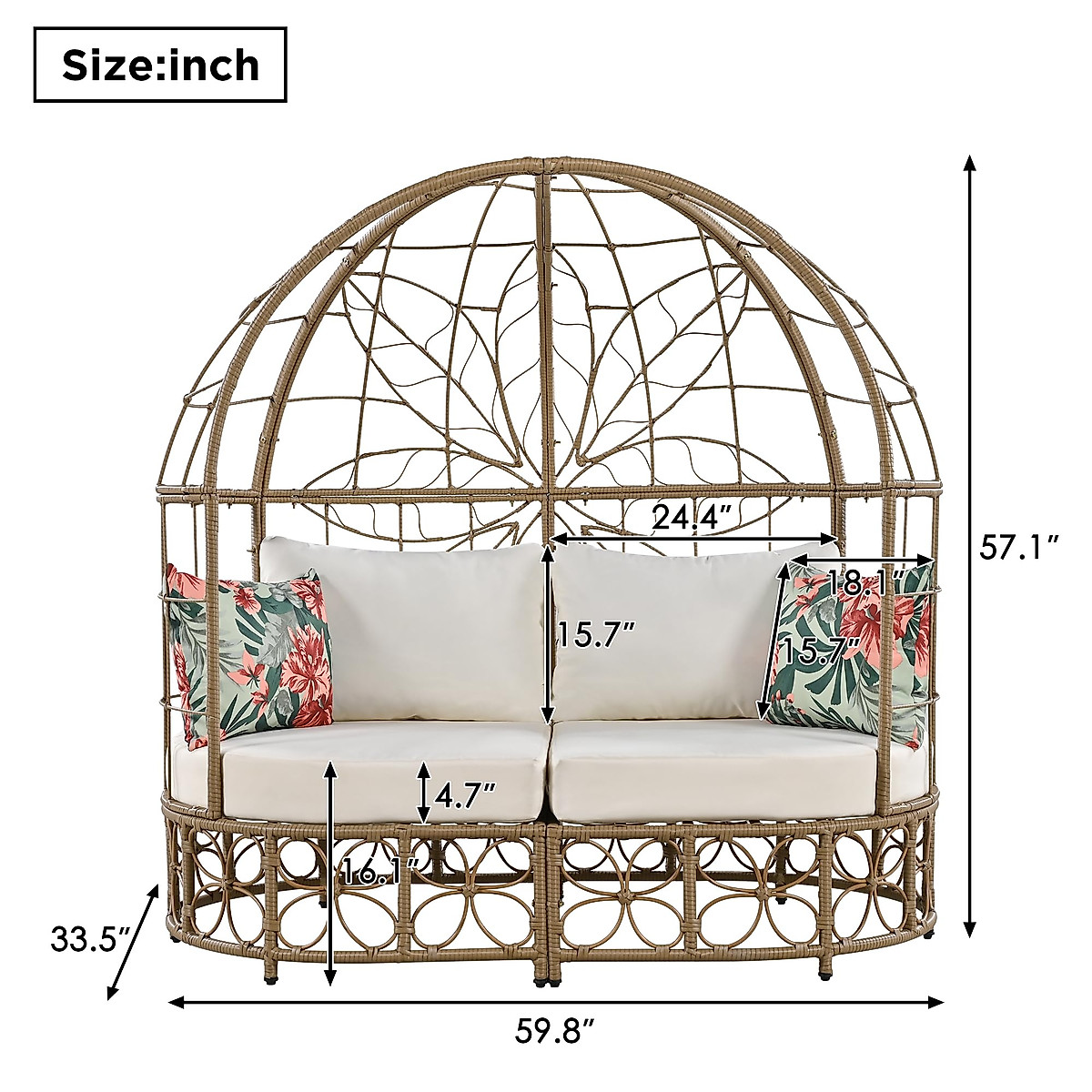 Merax Round Outdoor Patio Daybed, Conversation Sofa Set with Canopy, Wicker Loveseat Sunbed with Floral Pattern, Colorful Pillows & Removable Cushions, Beige
