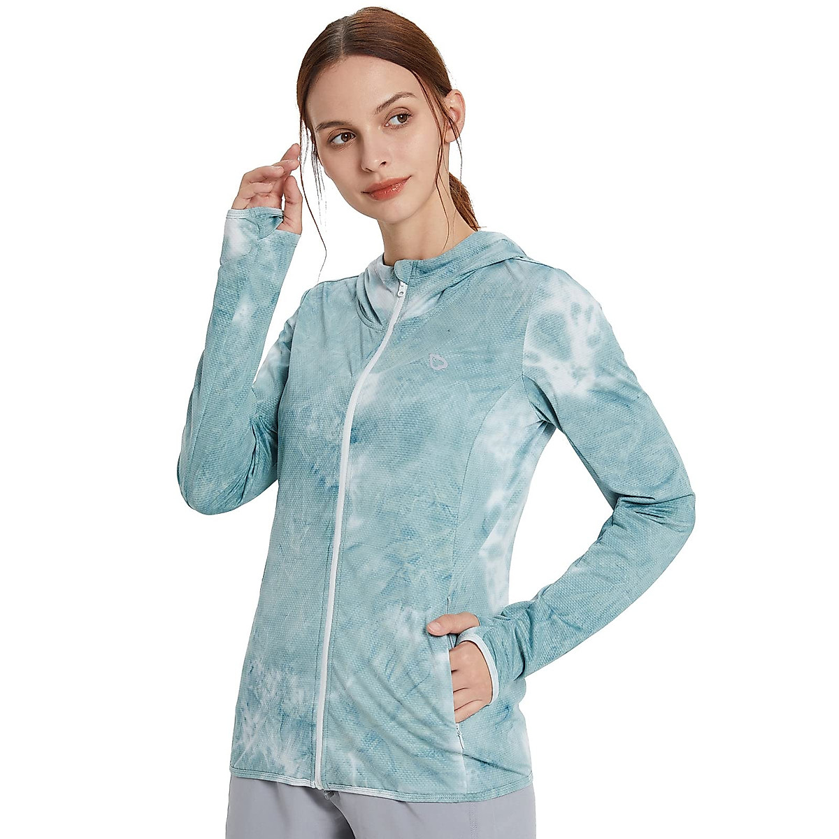 BALEAF Women's Full Zip Quick Dry Lightweight Hooded Shirts Sun Block Long Sleeve Thumb Holes Cooling Jackets Beach Shirts with Zip Pockets Dye Blue M