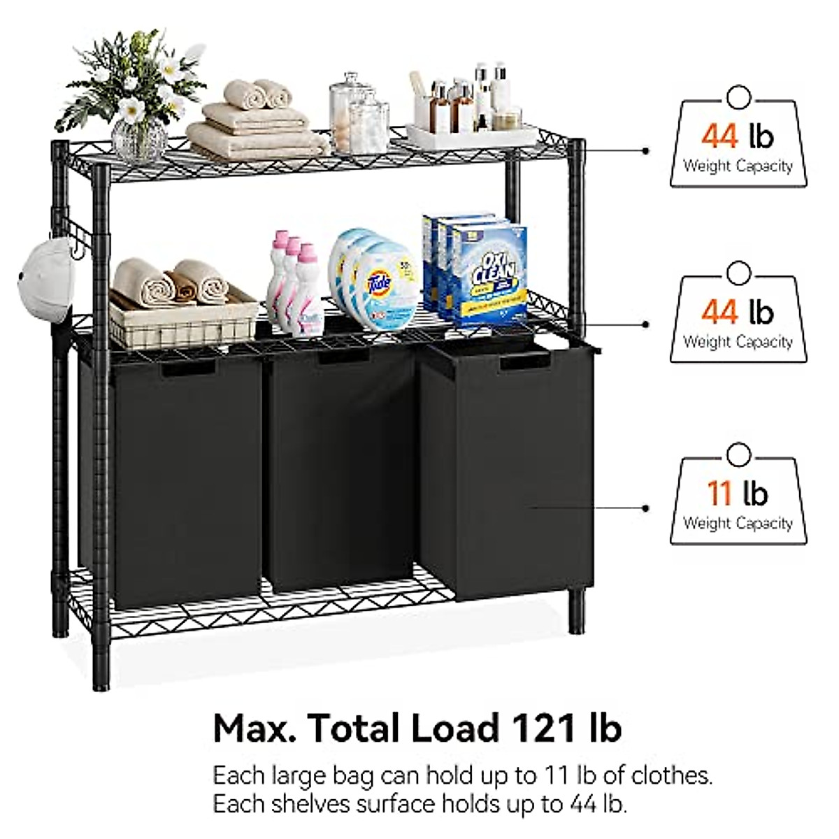 Laundry Sorters with 3 X 45L Pull-Out & Removable Laundry Bags, 2 Tier Adjustable Metal Storage Shelf, Oxford Fabric Laundry Baskets, Black
