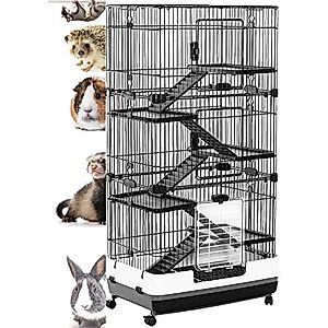 Extra Large Multi-Levels Indoor/Outdoor Small Animal Rabbit Bunny Guinea Pig Hedgehog Ferret Cat Chinchilla Squirrel Habitat Cage with Pull Out Tray Rolling Wheels (32" L x 21" W x 58" H, Black)