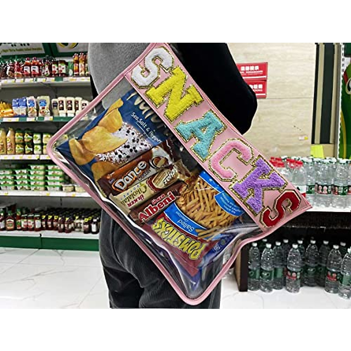 HAIBOLAN Monogram Clear Travel Patch Pouch Stadium Transparent Snack Bag Wristlet PVC Waterproof Clutch Purse Tote Bag (snacks-pink)