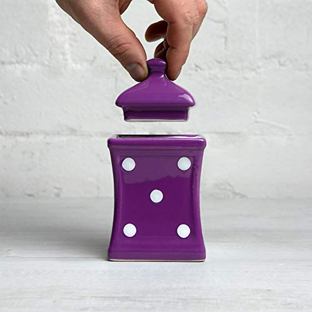 Handmade Purple and White Polka Dot Small 5.3oz/150ml Ceramic Kitchen Herb, Spice, Storage Jar with Lid, Pottery Canister, Housewarming Gift by City to Cottage®