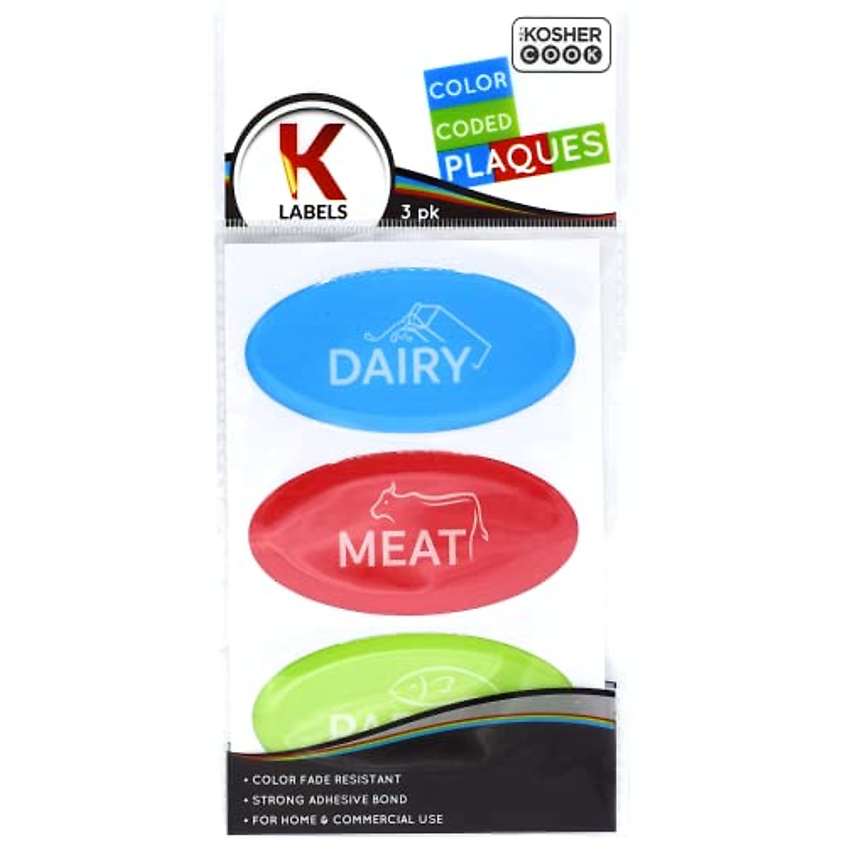 6 Kosher Plaques and Labels – 2 Blue Dairy, 2 Red Meat, 2 Green Parve - Self Adhesive, Color Fade Resistant – Color Coded Kitchen Stickers by The Kosher Cook
