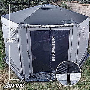 AxplorOutdoor RV Camping Gazebo Screen-Tent with Floor and Wind-Panels | 12ft x 12ft Portable Pop-Up Canopy Screen Room with Tarp Floor and Zippered-Side Panels | Pop-Up Screen Gazebo (Grey/Silver)