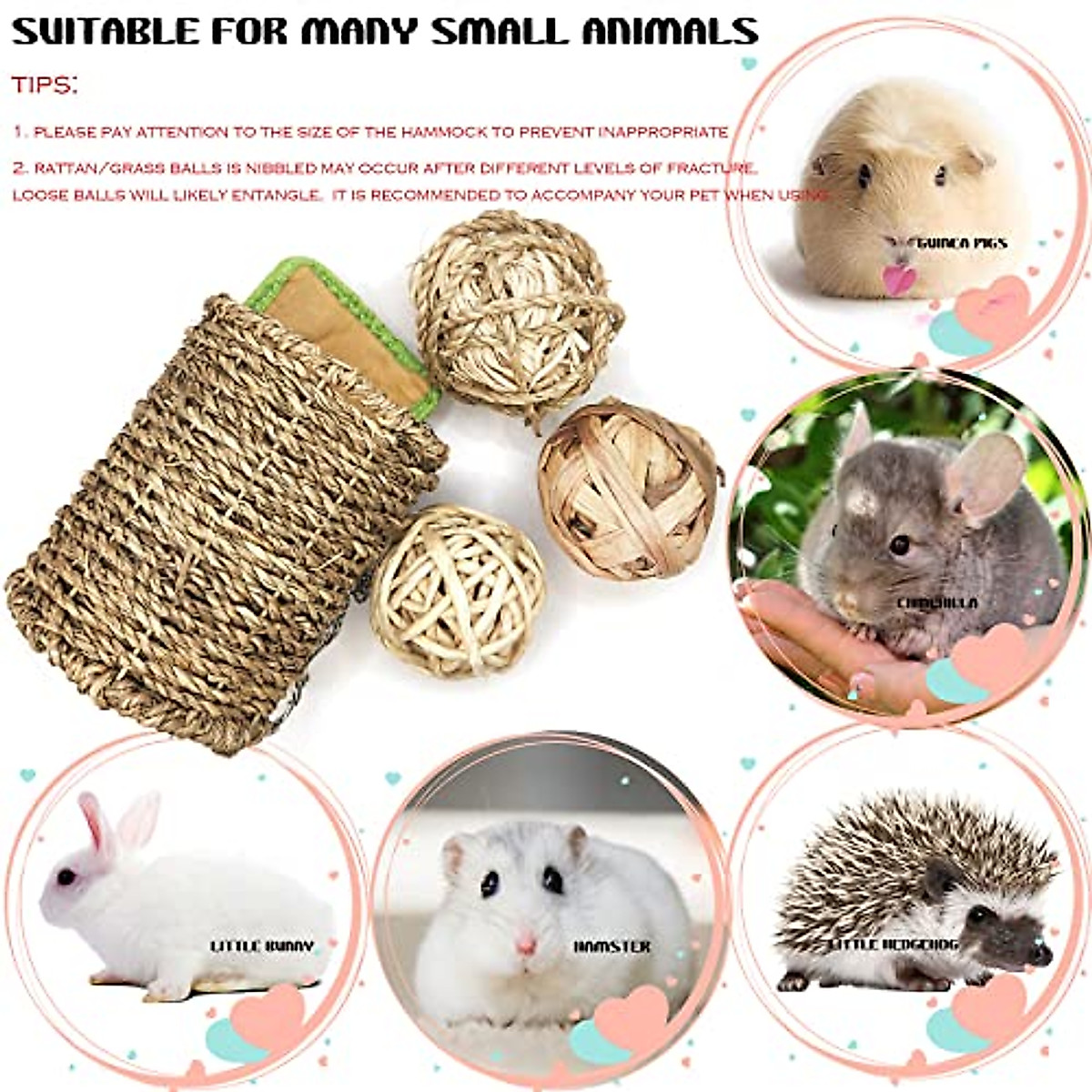 Small Animals Activity Toys, Hamster Play Balls Rolling Chew Toys Pet Nest&Hammock, Gnawing Treats for Guinea Pigs/ Chinchilla/Hamster, Little Pet Natural Grass Balls and Toys