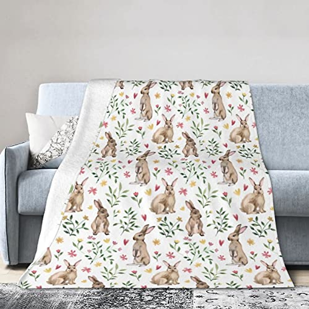 Rabbits and Flowers Throw Blanket Warm Cozy Lightweight Blankets Soft Easter Bunny Flannel Blanket for Sofa Couch Bed Office Holiday Decorative 80"X60"