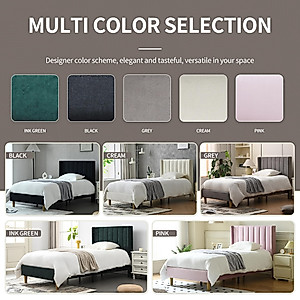 YUHUASHI upholstered Platform Bed Frame/Twin Bed Frame/Modern Geometric Double-Wing Design headboard/Velvet Fabric/Easy to Assemble no Noise (Cream, Twin)