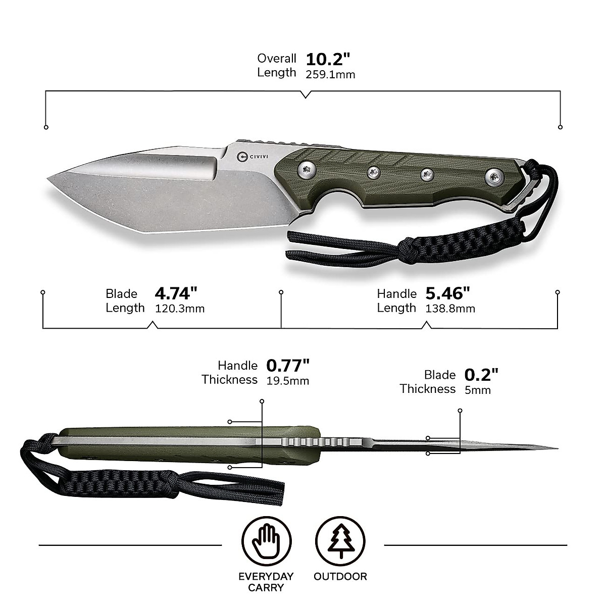 CIVIVI Maxwell Fixed blade knife, 4.74" D2 Steel Blade G10 Handle, Maciej Torbé Utility Knife With A Black Kydex Sheath and A Paracord Lanyard for Camping Hiking Hunting C21040-2