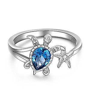 LOVGIFSET Sterling Silver Turtle Ring Rings for Women Sea Turtle Starfish Blue Topaz Animal Jewelry Size 8