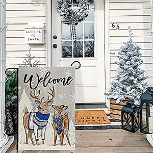 CROWNED BEAUTY Winter Garden Flag Reindeers for Outside, 12x18 Inch Double Sided Small Welcome Yard Outdoor Decoration CF696-12