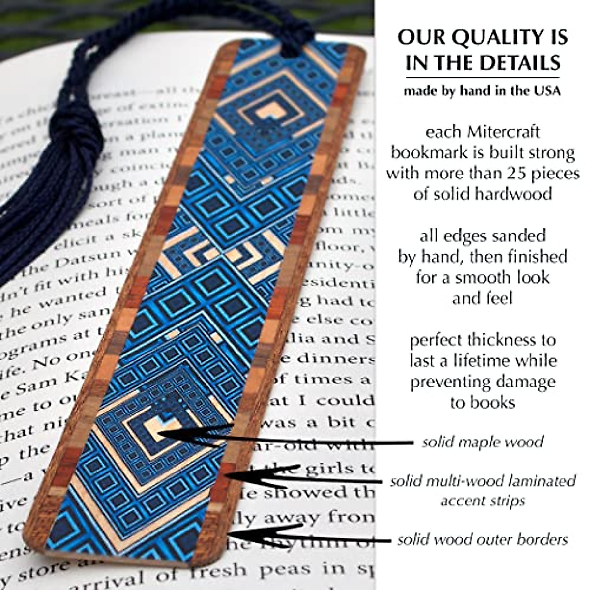 Argyle (Blue) Wooden Bookmark with Tassel - Made in USA - Also Available Personalized
