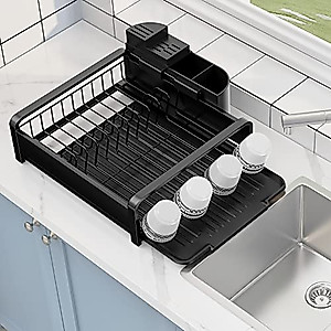 Nieifi Over The Sink Dish Drying Rack One Tier,Multifunctional Rust Proof Dish Rack with Utensil Holder for Kitchen Counter,Drying Rack with Removable Cutlery Box and Water Filter Tray Black