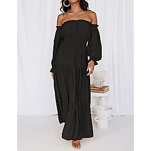ZESICA Women's 2023 Boho Sexy Off Shoulder Long Sleeve Smocked High Waist Side Split Flowy A Line Tiered Long Maxi Dress,DarkBlack,Large