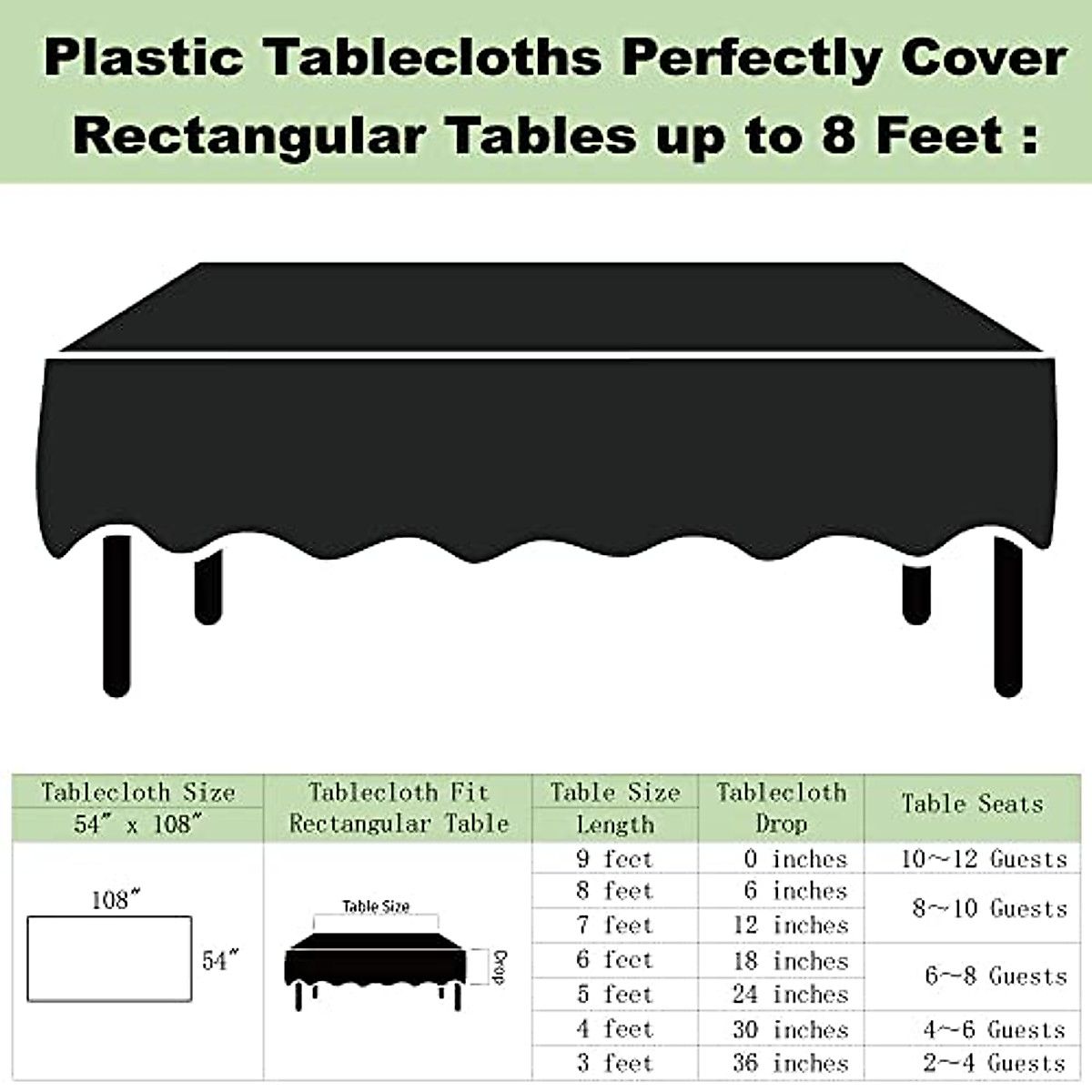 Plastic Black Tablecloths 3 Pack Disposable Table Covers 54 x 108 Inches Pitch Onyx Black Table Cloths for Parties Birthdays Weddings Anniversary BBQ Picnic, Fits 6 to 8 Foot Rectangle Tables