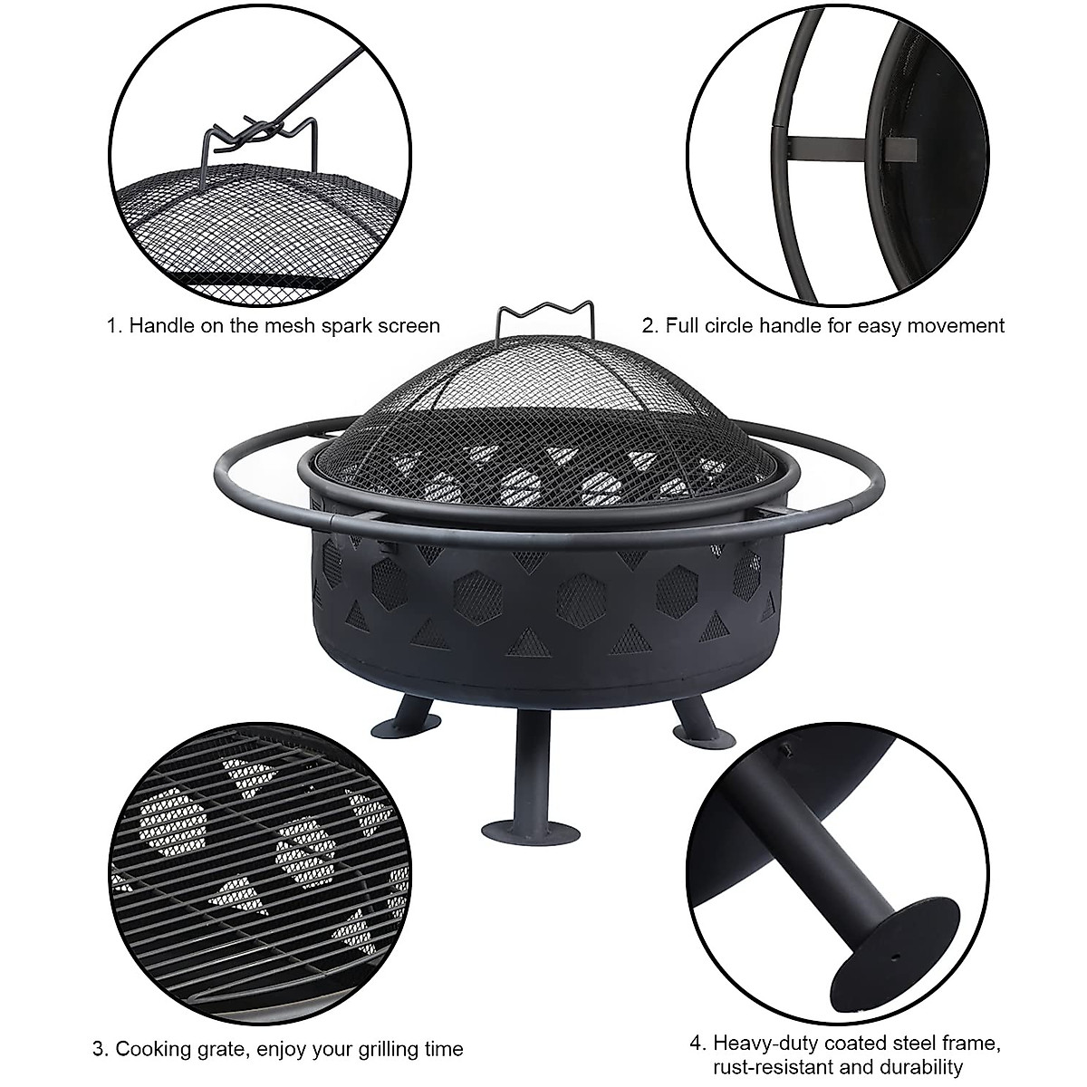 Bettermade 2 in 1 Fire Pit for Outside, 30in Wood Burning Outdoor Firepits with Spark Screen for Camping, Bonfire, Garden, Picnic, Includes Poker & Cooking Grate for Backyard Patio BBQ