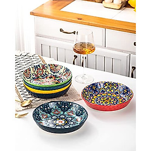 HENXFEN LEAD Pasta Salad Bowls Set of 6, Wide and Shallow Serving Dishes 27 Oz - 8 Inch Porcelain Soup Plates for Dinner, Kitchen and Eating - Bohemian style