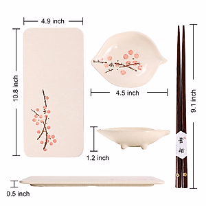 Relaxing Garden Japanese sushi plate set, 10-inch rectangle ceramic sushi dishes, sushi set with 2 japanese dishes and 2 dipping dishes and 2 pairs of chopsticks, sushi serving set for 2