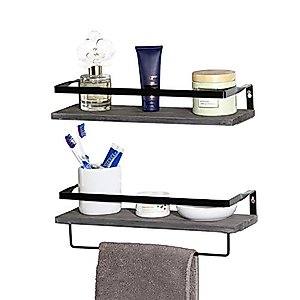 Floating Shelves Wall Mounted Storage Shelves for Kitchen , Bathroom, Bedroom,Living Room,Office. Set of 2 Gray Wood Shelf with Removable Towel Holder, Strong Black Metal Rail Frame. Color Grey
