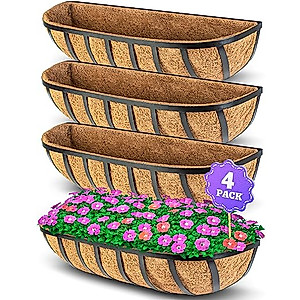 LAVEVE 24’’ Window Box Railing Planter with Coco Liner (4 Pack), Balcony Metal Hanging Planter Bracket with Coconut Liner for Outdoor, Fence, Porch and Patio