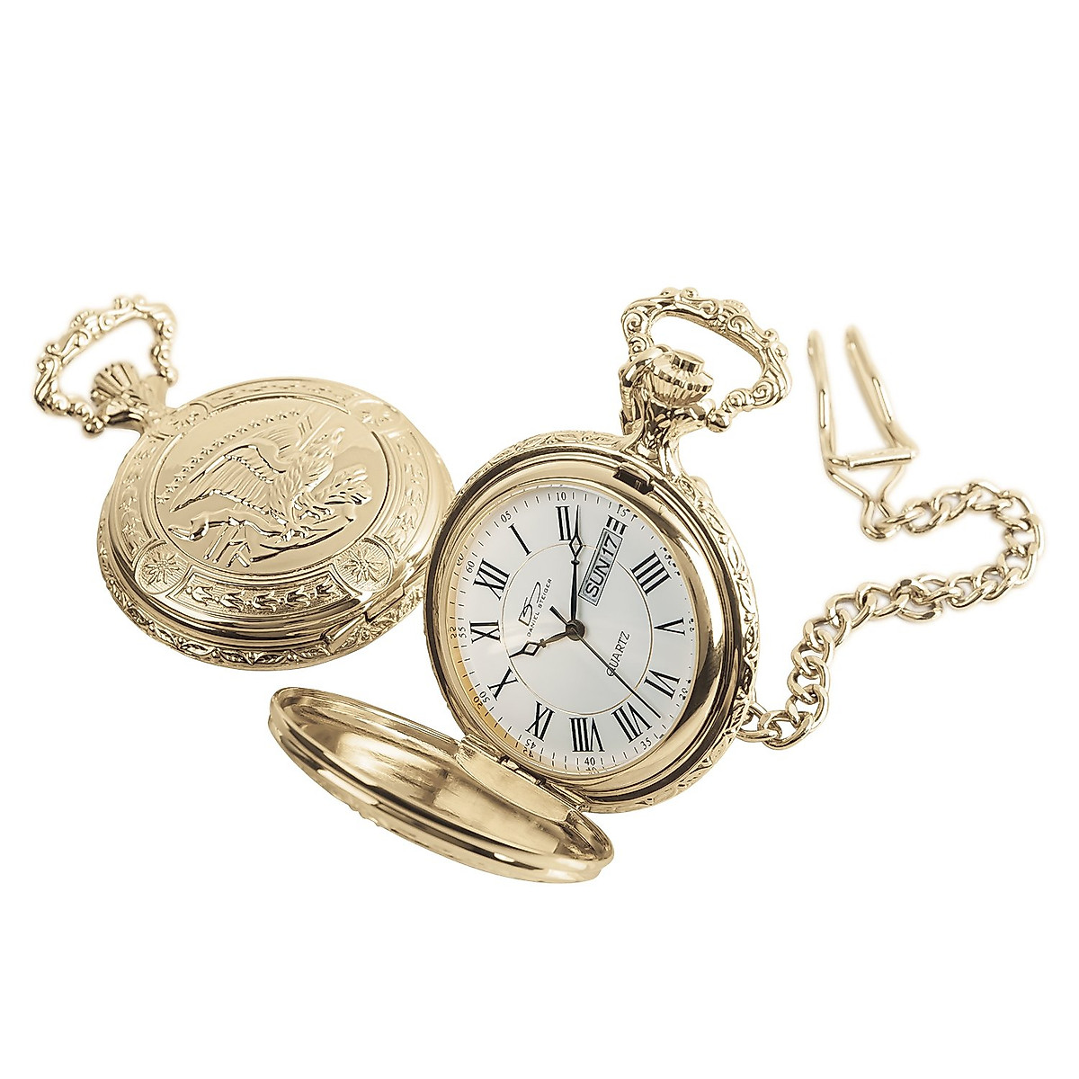 Daniel Steiger American Eagle Luxury Vintage Hunter Pocket Watch with Chain - 18k Gold Plating - Hand-Made Hunter Pocket Watch - Engraved Flying Eagle Design - White Dial with Black Roman Numerals