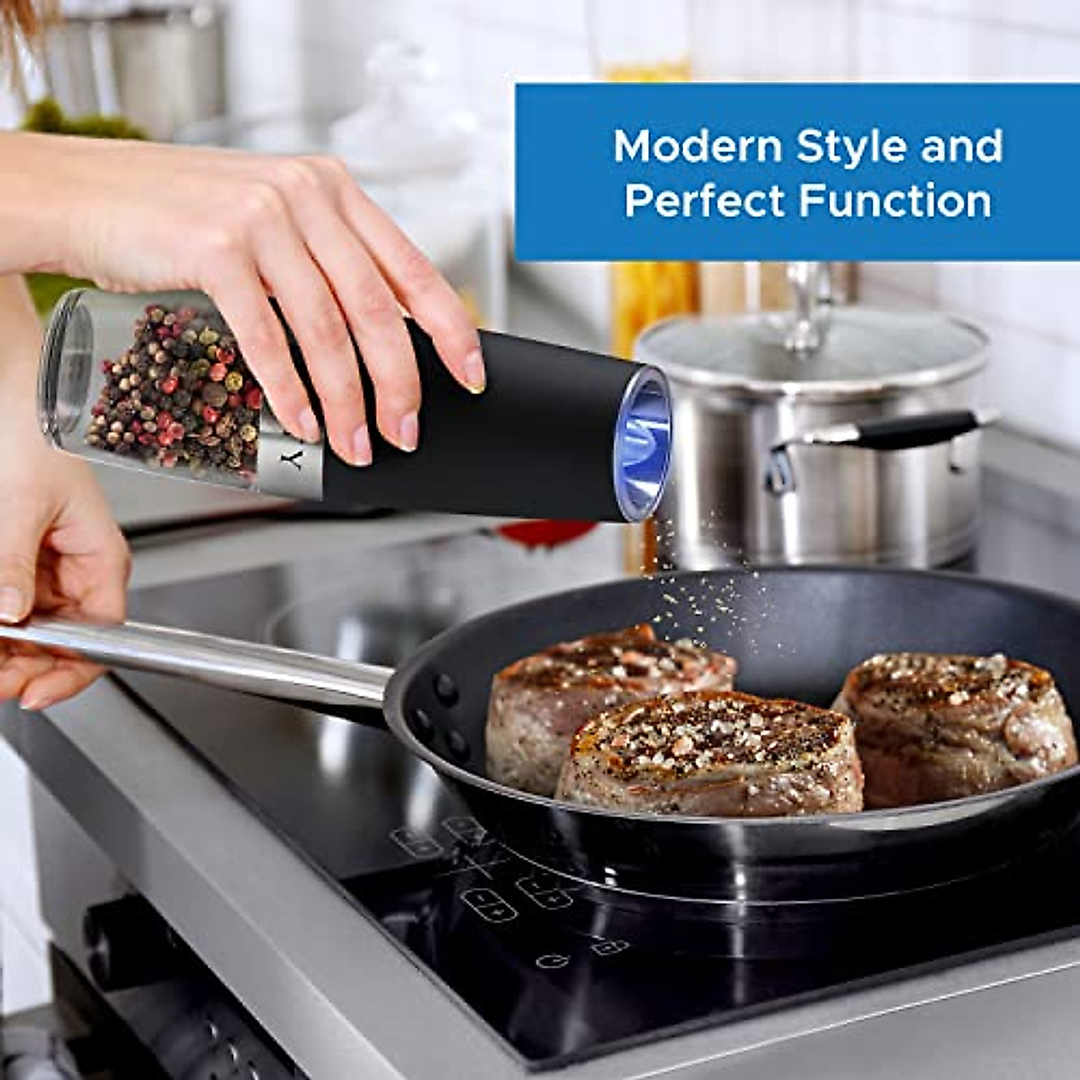 (2 Pack) Gravity Electric Salt and Pepper Grinder Set Battery Operated One Hand Automatic Operation, Adjustable Coarseness Mill Grinders Shakers LED Light Stainless Steel, Kitchen Gadgets Gifts Ideas