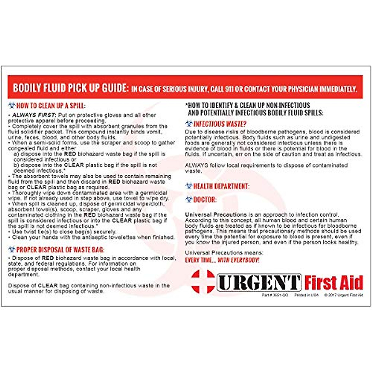 Urgent First Aid 22 Piece Bodily Fluid Clean Up Pack/Bloodborne Pathogen Spill Kit - be OSHA Compliant and Protect from Dangerous Exposure to Blood and Other potentially infectious Materials