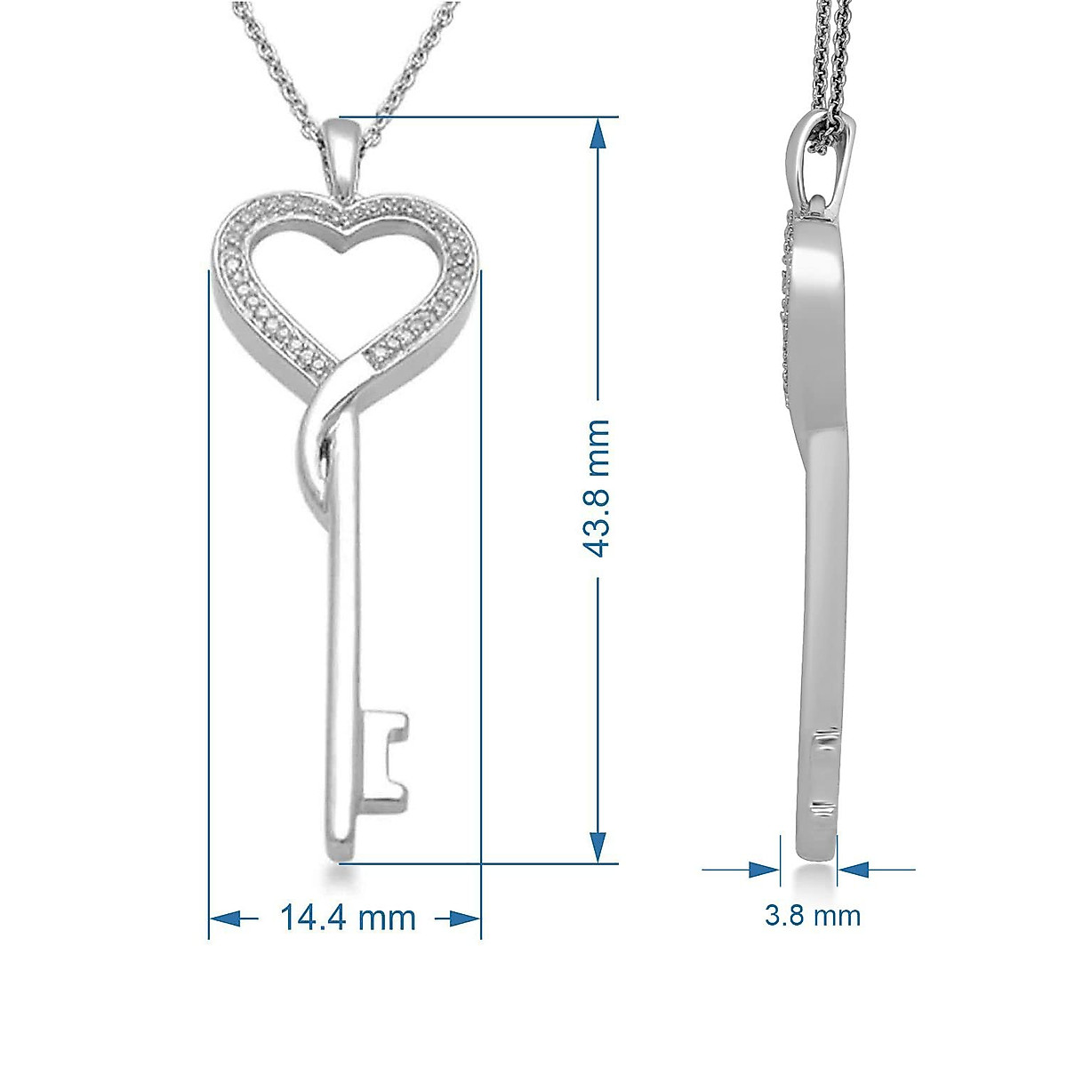 Jewelili Heart Key Necklace Pendant in Sterling Silver with Natural White Diamonds 1/10 CTTW and 18 inch Rolo Chain