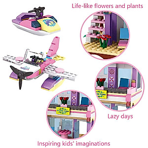 DEFICOSY Dream Girls Beach House Building Blocks Toys, Building Set Big Beach Villa with Seaplane, Water Scooter and Jet Ski, Fun Preschool Educational Toys for Boys and Girls 6-12 Years Old 423Pcs