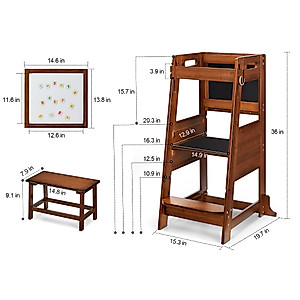 TOETOL Bamboo Toddler Step Stool Learning Kitchen Stool Standing Tower for Toddler Kitchen Counter Helper Stool 3 Height Adjustable with Activity Chalkboard and Whiteboard Message Boards,Non-Slip Mat