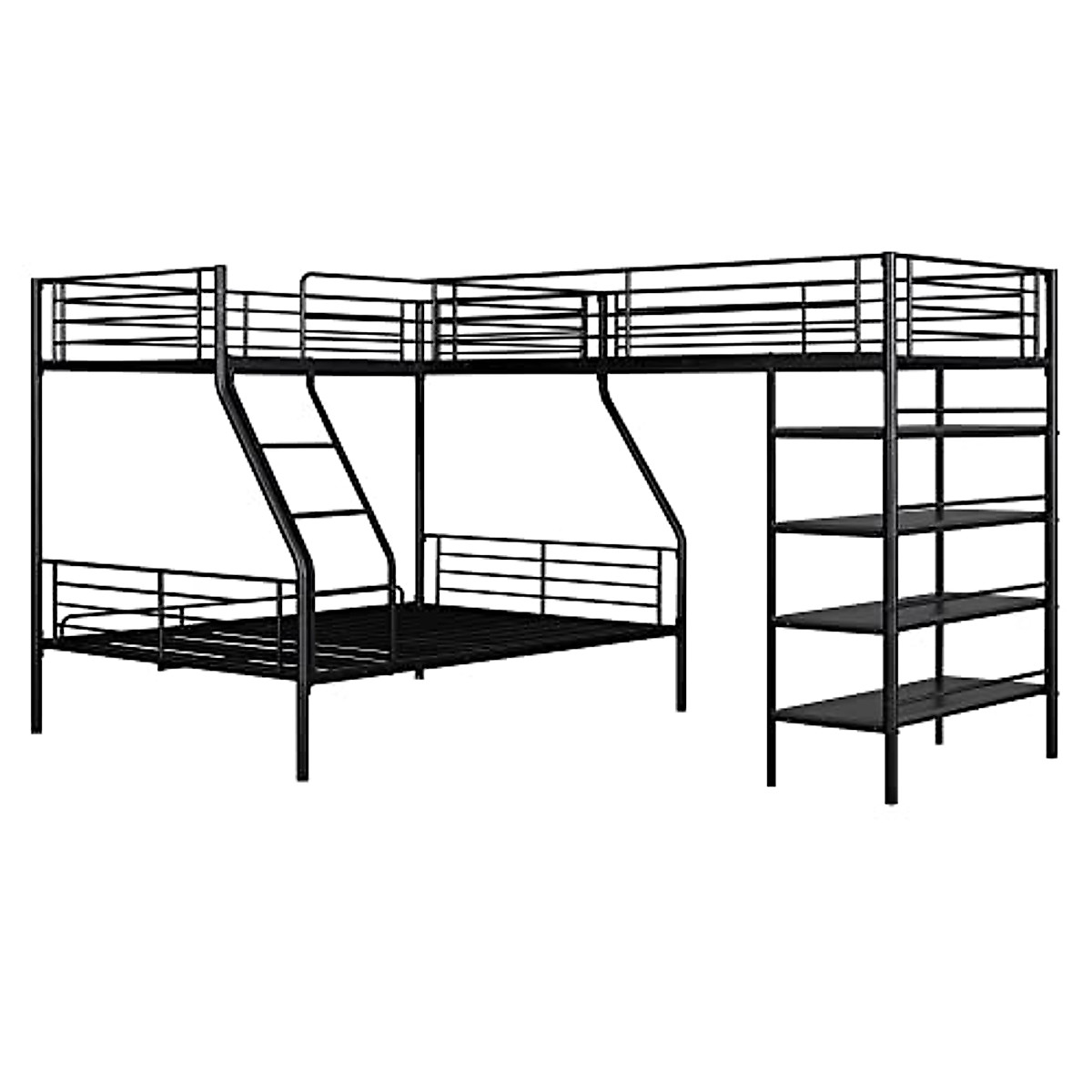 WOXYX Twin Over Full L-Shaped Metal Bunk Bed and Twin Size Loft Bedframe with Four Built-in Shelves,Black