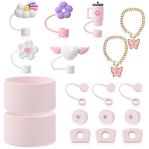 XLSXEXCL 18 Pcs Rose Quartz Cup Accessories for Stanley,Including 9 Pcs Silicone Spill Stopper for Stanley,5 Pcs Straw Cover Cap for Stanley,2 Pcs Charms and Bottom Protector for Stanley Cup 30&40Oz