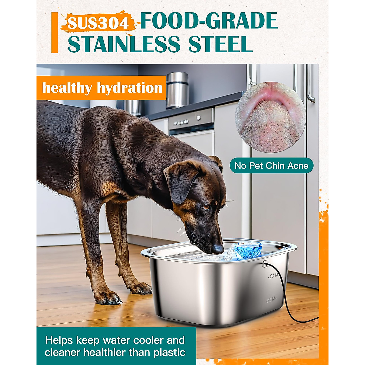 Stainless Steel Large Dog Water Fountain for Large Dogs,3Gallon Extra Large Capacity Big Pet Water Fountain with 4 Filters,Automatic Dog Fountain Water Bowl Dispenser Indoor,Quiet Pump,Dishwasher Safe