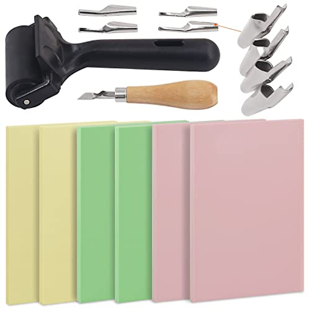 Rustark 12Pcs Rubber Stamp Making Kit with Stamp Block, Rubber Brayer Roller,Rubber and Wood Carving Cutting Tool, Block Printing Starter Tool Kit for Inking Blocks Carving and Printmaking