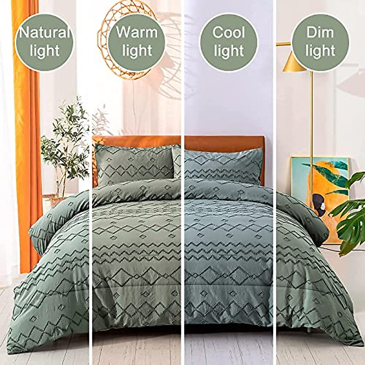 Green Tufted Comforter Set Queen Size (90×90 inches), Boho Shabby Chic Comforter Geometry Embroidery Bedding Set 3 Pieces (1 Comforter + 2 Pillowcases), Soft Microfiber Comforter for All Seasons