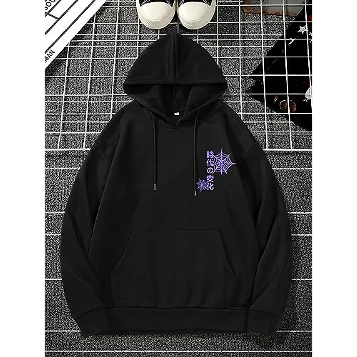 COZYEASE Men's Y2K Graphic Hoodies Oversized Vintage Sweatshirts Long Sleeve Slogan Letter Drawstring Streetwear Black L