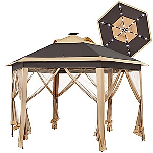 Topeakmart Instant Pop-up Gazebo 13 x 13 Canopy Tent Shelter with 25 Solar LED Lights, Mesh Netting Sides, Storage Bag, Bonus Weight Sandbags, Stakes, Ropes, Khaki & Brown