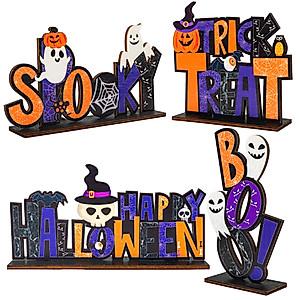 NEROSUN 4 PCS Halloween Table Centerpiece Decorations, Pumpkin Ghost Wood Centerpiece Boo Spooky Signs, Trick or Treat Table Decor for Halloween Table Party Living Room Kitchen Office Bar