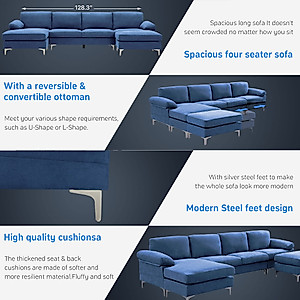 SUMKEA U-Shaped Sectional Sofa with Chaise, Larger Sectional Sofa Set for Living Room, Modern 128" Velvet Corner Sofa for Home and Office (Blue)