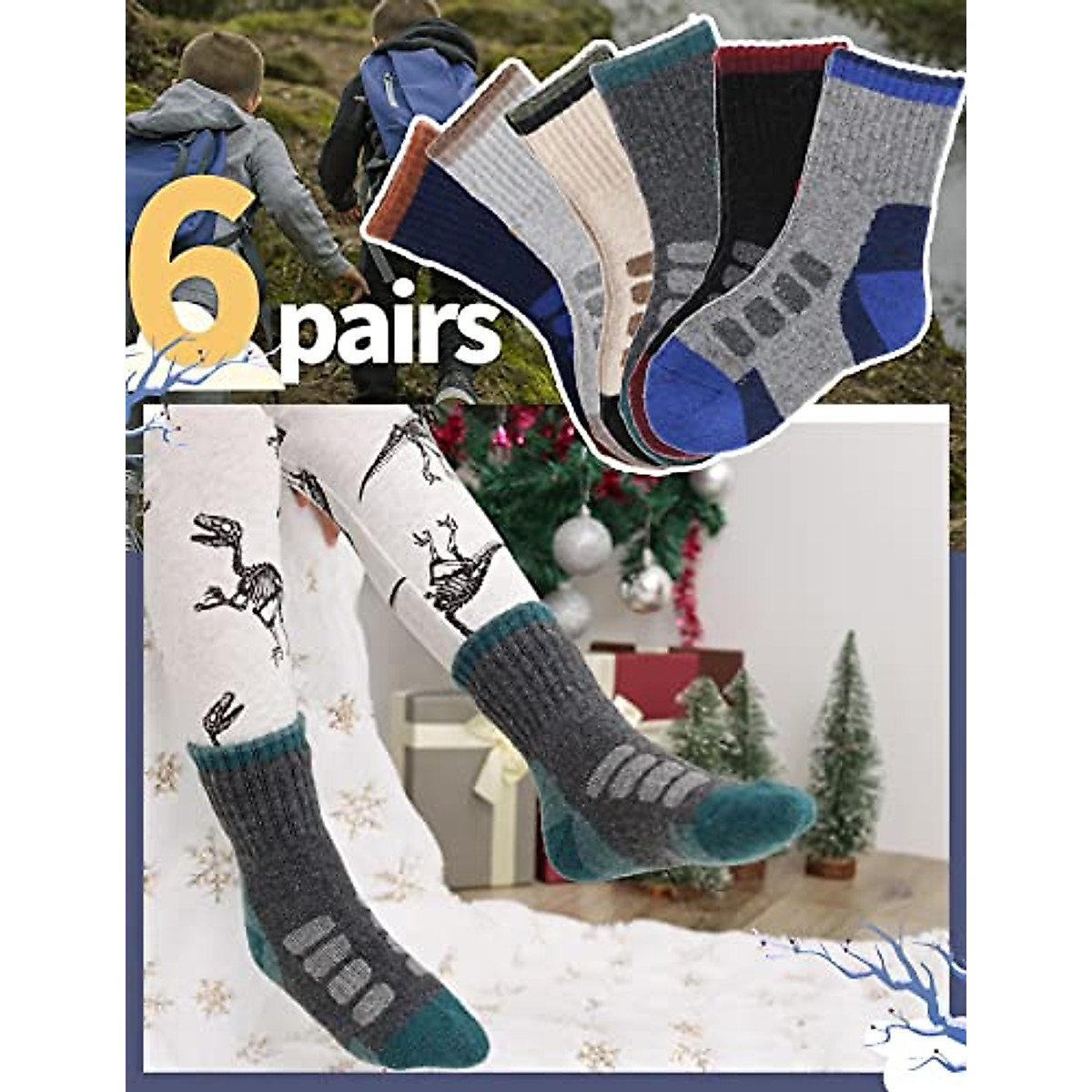 Anlisim Kids Merino Wool Hiking Socks Boys Girls Toddlers Thermal Winter Warm Boot Thick Cushion Snow Ski Gift Stocking Stuffer Socks 6 Pairs (Check, 12-15 Y)