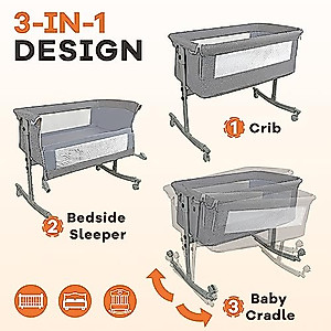 uiuwoo Bedside Crib for Baby, 3 in 1 Bassinet with Large Curvature Cradle, Adjustable and Movable Baby Bed with Mosquito Nets, Sleeper Safety Certificattion Guarantee