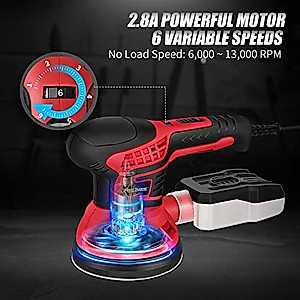 AVID POWER Orbital Sander 5 Inch 2.8 A Random Orbit Sander for Woodworking 13,000 RPM Electric Wood Sander Tools, 6 Variable Speeds, 12 Pcs Sandpapers